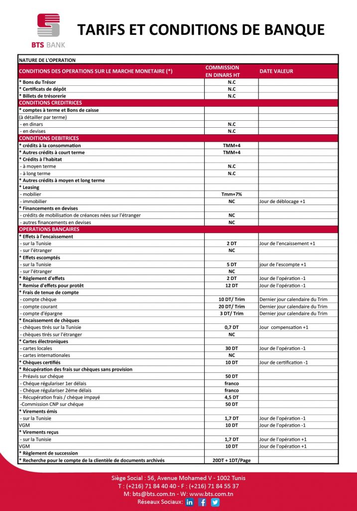 Tarifs & Conditions de Banque : BTS BANK – BTS
